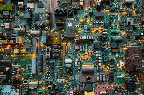A Closeup Image Of A Complex Circuit Board With Various Components And Wires Illuminated With A