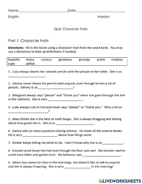 Character Trait Worksheets 5th Grade Character Traits Reading