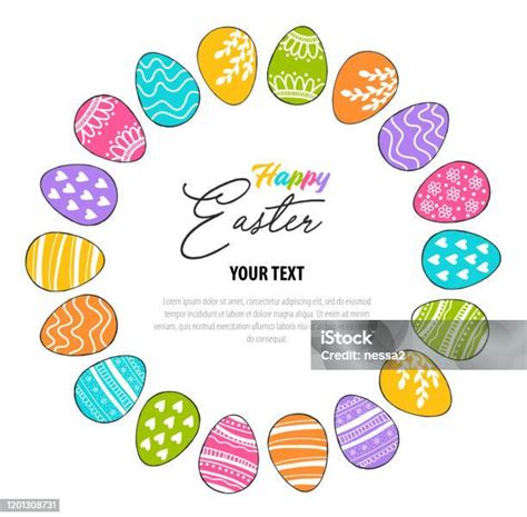 흰색 배경에 색깔의 부활절 달걀라운드 부활절 화환 장식 프레임 인사말 카드 전단지 얇은 선형 디자인의 배너에 대한 독특한 디자인 현대적인 스타일의 벡터입니다 0명에 대한