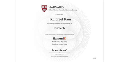 Fintech • Kulpreet Kaur • Your Certificate Issued By Harvardx