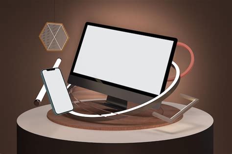 Pc And Phone Floating With Lights Premium Photo