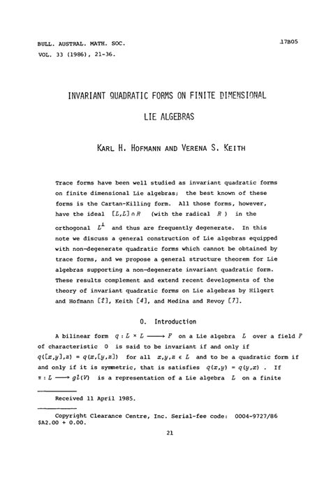 PDF Invariant Quadratic Forms On Finite Dimensional Lie Algebras