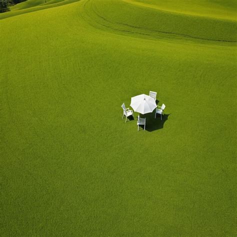 A White Table In A Field With A Table And A Chair On It Premium Ai