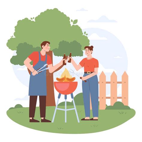 Bbq Party Couple Grilling Meat And Vegetables Outside Stock Vector