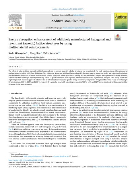 Pdf Energy Absorption Enhancement Of Additively Manufactured Hexagonal And Re Entrant Auxetic