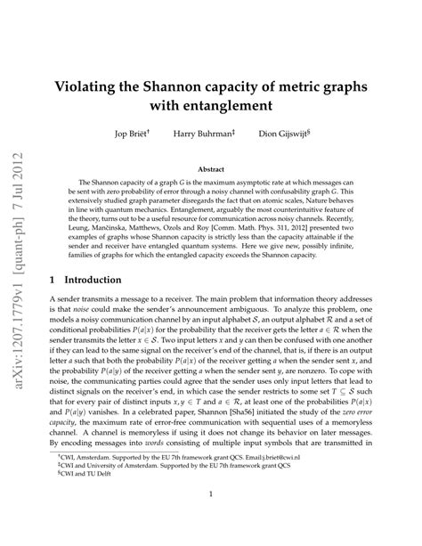Pdf Violating The Shannon Capacity Of Metric Graphs With Entanglement