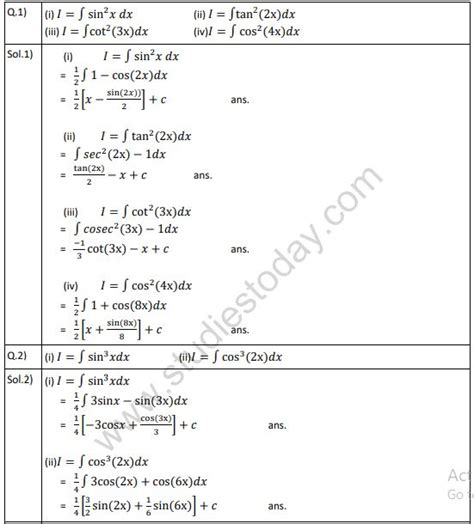 Cbse Class 12 Mathematics Integration Worksheet Set F
