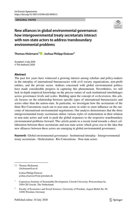 Pdf New Alliances In Global Environmental Governance How