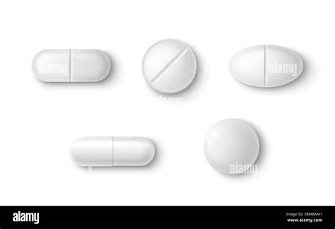 White 3d Pills Collection Oval Tablets Scored Round Forms Capsule Shapes With Shadows For