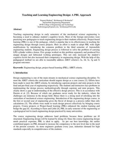 Pdf Teaching And Learning Engineering Design A Pbl Approach