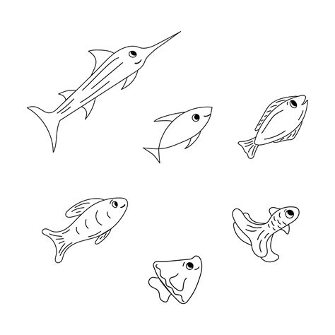 Conjunto De Ilustración De Vector De Peces De Contorno Animal Del