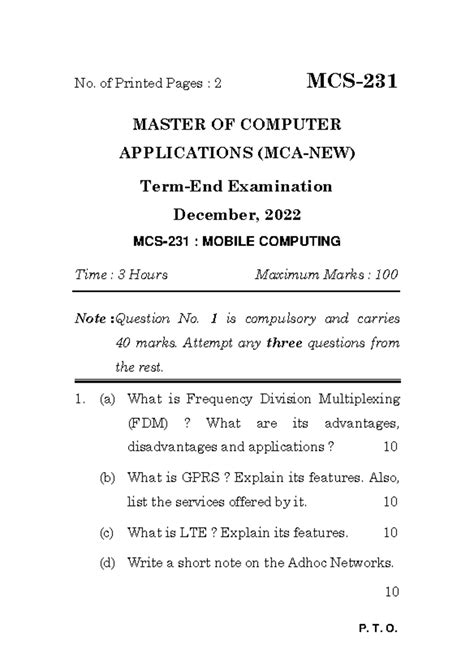 Mcs 231 P T O No Of Printed Pages 2 Mcs Master Of Computer Applications Mca New Term