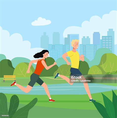 마라톤을 달리는 남녀 도시 공원에서 풍경 벡터 플랫 스타일 일러스트레이션입니다 건강한 생활방식에 대한 스톡 벡터 아트 및 기타 이미지 건강한 생활방식 건물 외관 공원