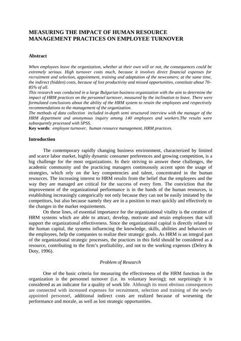 Pdf Measuring The Impact Of Human Resource Management Practices On Employee Turnover