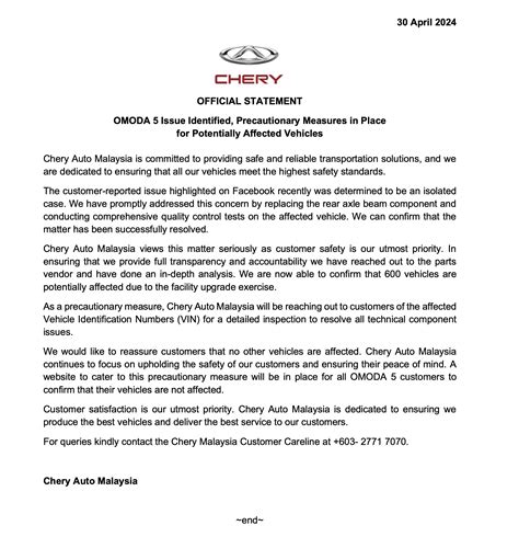 Chery Malaysia Omoda 5 Axle Recall Statement Paul Tan S Automotive News