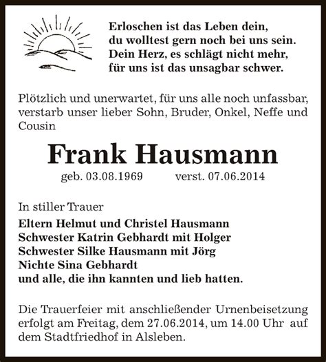 Traueranzeigen Von Frank Hausmann Abschied Nehmen De