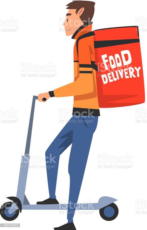 배낭 상자와 음식을 배달 스쿠터에 남자 그의 뒷면에 소포와 남성 택배 캐릭터 음식 익스프레스 배달 서비스 만화 스타일 벡터 일러스트 독일에 대한 스톡 벡터 아트 및 기타