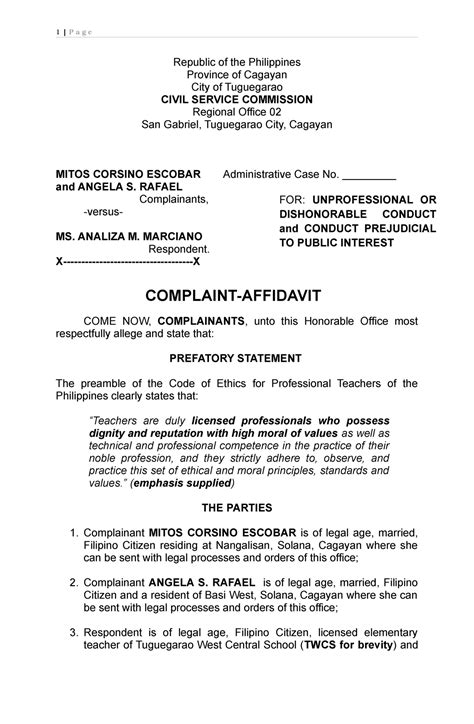 Ms Escobar Complaint Republic Of The Philippines Province Of Cagayan City Of Tuguegarao Civil