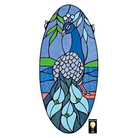 Design Toscano Majestic Peacock Oval Stained Glass Window Panel Tf9806