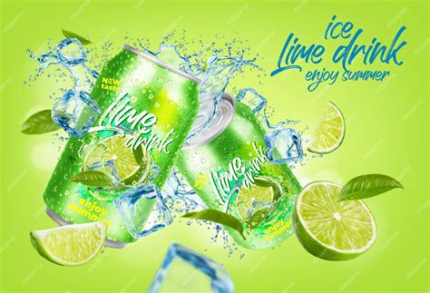 Premium Vector Ice Lime Drink Can Lime Fruit Water Splash Tea Leaves