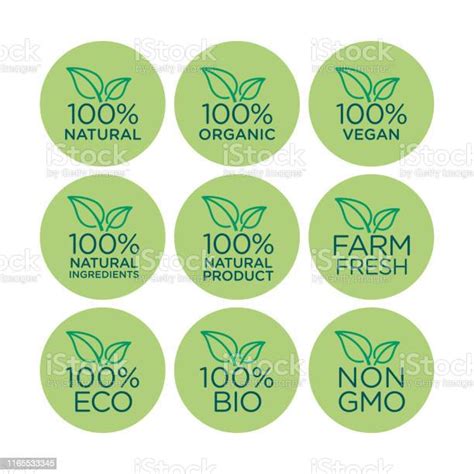 100 천연 유기농 비건 천연 성분 천연 제품 농장 신선한 에코 바이오 Gmo 무료 아이콘 세트 100퍼센트에 대한 스톡 벡터