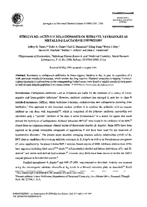 Pdf Structureactivity Relationships Of Biphenyl Tetrazoles As Metallo