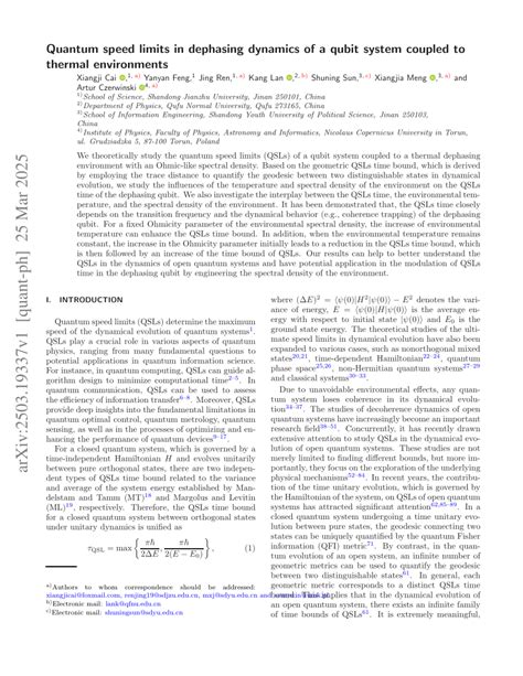 Pdf Quantum Speed Limits In Dephasing Dynamics Of A Qubit System Coupled To Thermal Environments