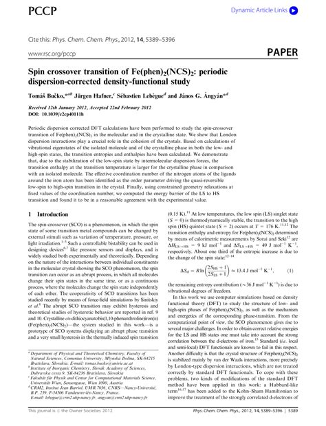 Pdf Spin Crossover Transition Of Fe Phen 2 Ncs 2 Periodic Dispersion Corrected Density