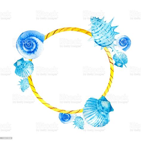 흰색 배경에 바다 조개 별과 달팽이와 수채화 둥근 프레임 해양 조성 일러스트레이션 손으로 그린 엽서 디자인 템플릿을 위한 클립아트 각도에 대한 스톡 벡터 아트 및 기타
