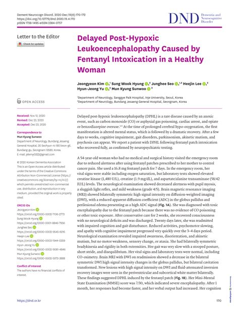 Pdf Delayed Post Hypoxic Leukoencephalopathy Caused By Fentanyl Intoxication In A Healthy Woman