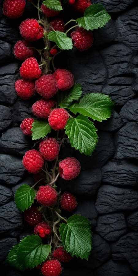 Raspberry Bush On Black Shingle Sustainable Tabletop Photography Stock
