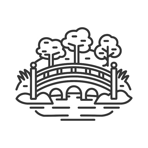 A Line Drawing Of A Bridge Over A Stream With Trees And Grass On Each Side Premium AI