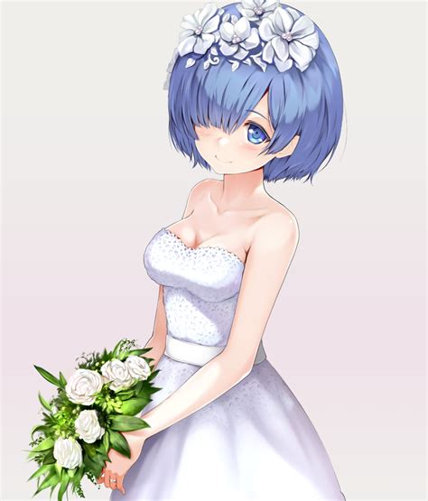 Safebooru 1girl Bare Shoulders Blue Eyes Blue Hair Blush Bouquet