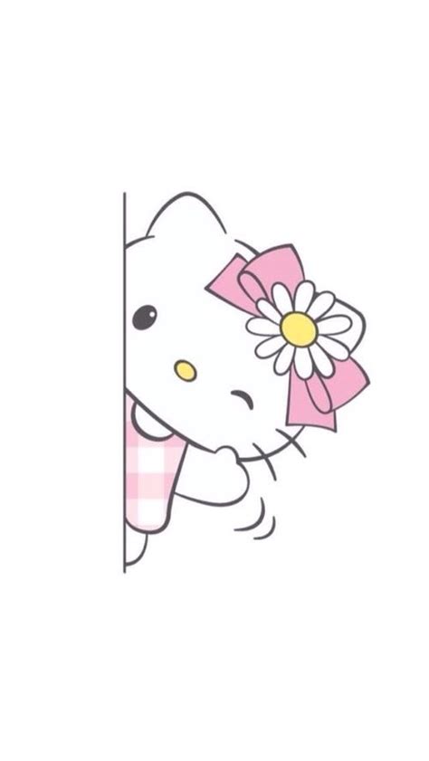Hello Kitty Peeking Out From Behind A Wall With A Flower In Her Hair And Wearing A Pink Bow