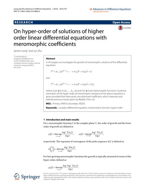 Pdf On Hyper Order Of Solutions Of Higher Order Linear Differential Equations With Meromorphic