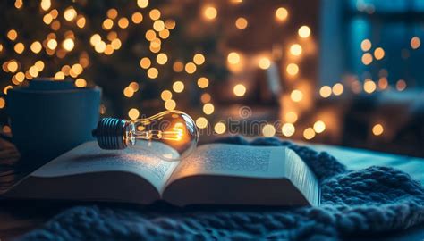 Book With Glowing Light Bulb On Table And Magic Lights Stock Image Image Of Spark Ideas