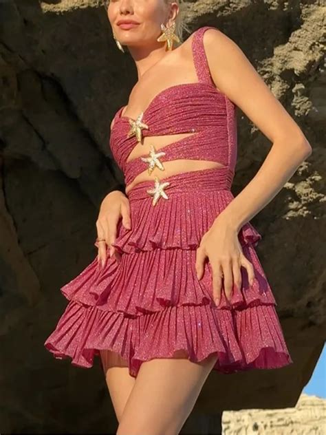 Sequin Hollow Out Starfish Suspenders Mini Dress Woman Sexy Sleeveless