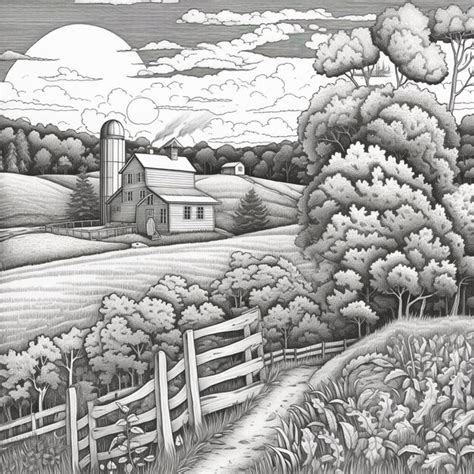 Premium Photo A Drawing Of A Farm Scene With A Barn And A Fence