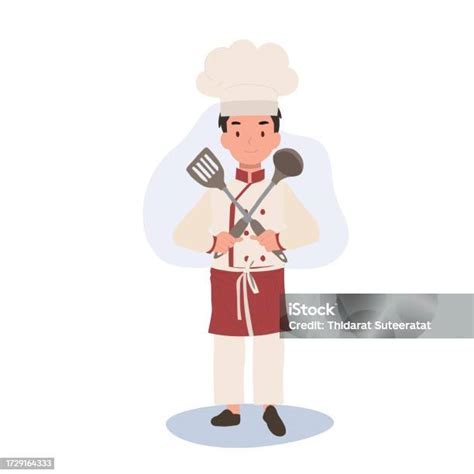 오리발과 국자를 들고 있는 젊은 요리 프로 팔짱을 끼고 있는 자신감 넘치는 키드 셰프 가정 주방에 대한 스톡 벡터 아트 및 기타 이미지 가정 주방 가정의 방 귀여운