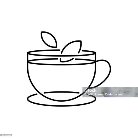 뜨거운 녹색 또는 홍차 준비 아로마 음료 아이콘 허브 잎 증기 컵 머그잔 흰색 배경에 얇은 선 웹 기호 편집 가능한 획 벡터 일러스트 레이 션 개념에 대한 스톡 벡터 아트