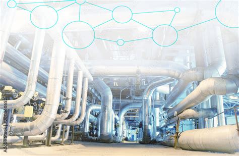 Industry Network Concept Image Industrial Piping In The Factory With Networking Icons Smart