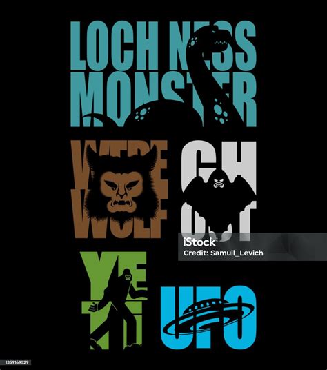 초자연적 인 문자 늑대 인간과 좀비 타이포그래피 Ufo와 예티 편지 네스 호 괴물과 텍스트의 유령 실루엣 귀여운에 대한 스톡 벡터 아트 및 기타 이미지 Istock