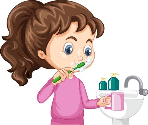 A Girl Cartoon Character Brushing Teeth With Water Sink 2007265 Vector
