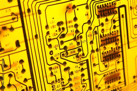 Yellow Printed Circuit Board On The Lighting Soldering Side Of The Pcb Technological