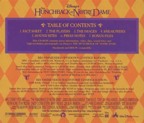 Disneys The Hunchback Of Notre Dame Multimedia Cd Rom Press Kit