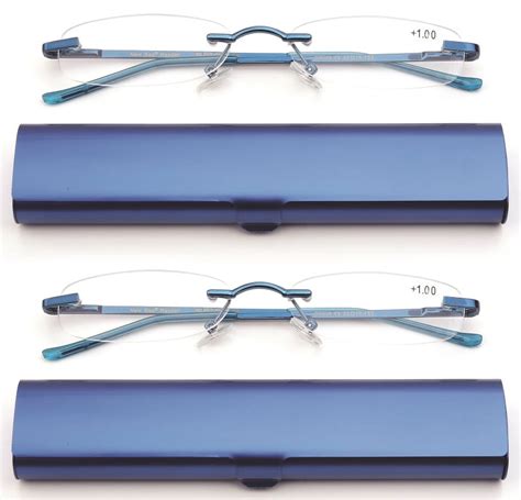 Newbee Fashion Portable Compact Reading Glasses In Aluminum Case Metal Rectangle Rimless Reading