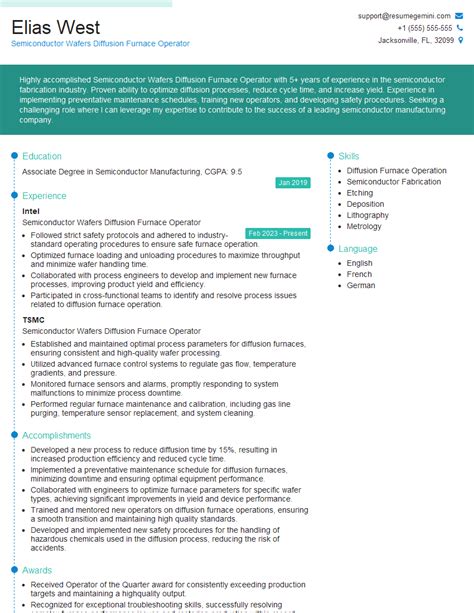 Semiconductor Wafers Diffusion Furnace Operator Resume Template