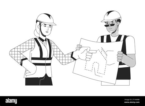 Diverse Contractors Discussing Blueprint Black And White 2d Line Cartoon Characters Stock Vector