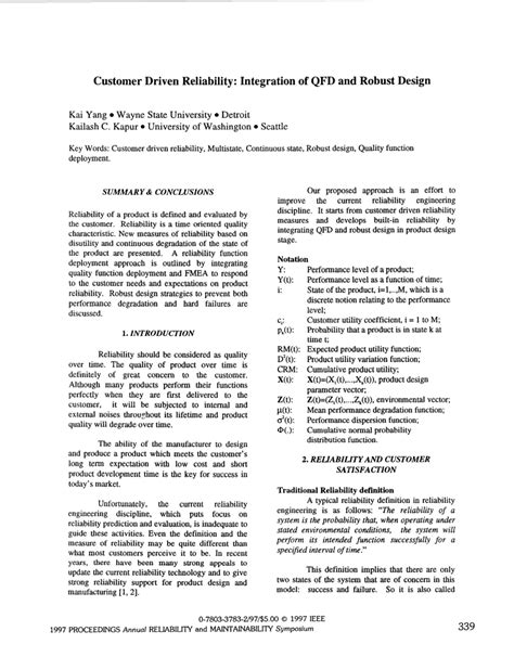 Pdf Customer Driven Reliability Integration Of Qfd And Robust Design