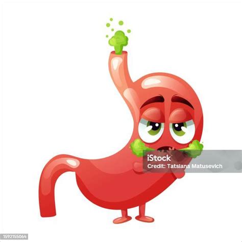 만화 위 캐릭터입니다 개념은 병든 내부 장기 가슴 앓이 및 트림입니다 벡터 그림입니다 개념에 대한 스톡 벡터 아트 및 기타